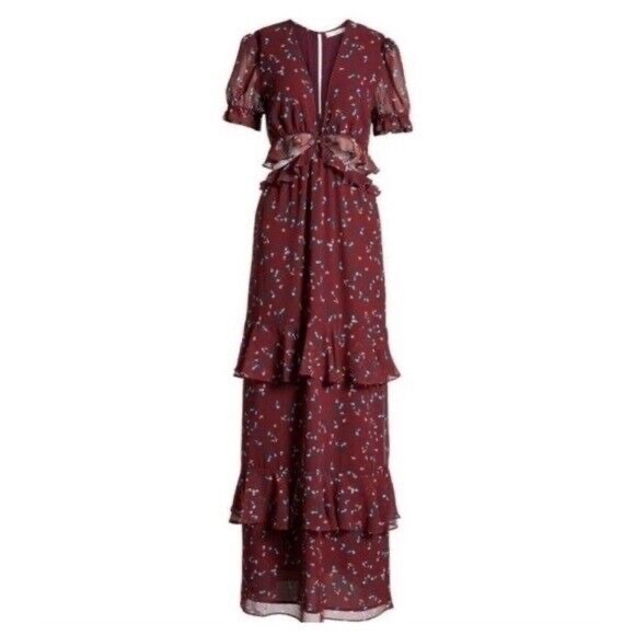 Wayf | Dresses | Wayf Lavina Burgundy Floral Print Tiered Maxi Dress ...